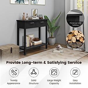 GOFLAME Console Table with Storage, Wooden Small Entryway Table with 2 Drawers, Open Storage Shelf, Rubber Wood Legs, Modern Entry Table, Narrow Sofa Table for Living Room, Hallway, Entrance (Black)