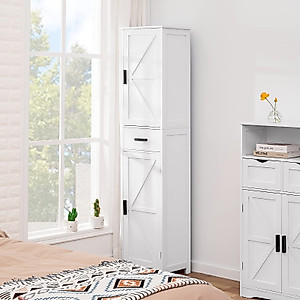 WEENFON Tall Bathroom Cabinet, Storage Cabinet with 6 Shelves & Drawer, Bathroom Storage Cabinet with Ajustable Shelves, Tall Cabinet for Living Room, Home Office, White