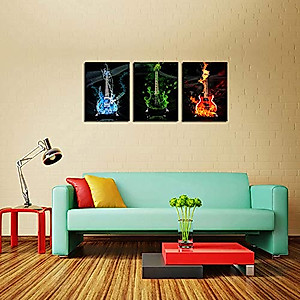 DZL Art A40934 3 Panels Red&Green&Blue Guitar Wall Art Pictures Print On Canvas Painting Wall Art Paintings Wall Artworks Pictures for Home Office Bedroom Wall Decor