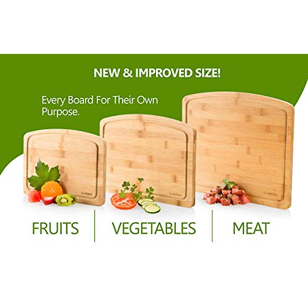 Organic Bamboo Cutting Boards for Kitchen Set of 3 - Eco-Friendly 100% Natural Bamboo Wooden Chopping Board with Juice Groove for Food Prep, Meat, Vegetables, Fruits, Crackers & Cheese - by Clasier