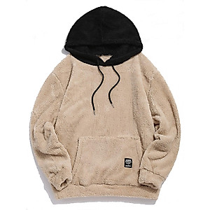 ZAFUL Men's Fashion Hooded Sweatshirts Unisex Colorblock Splicing Drawstring Fluffy Faux Fur Hoodies Pullover(Black Khaki,S)