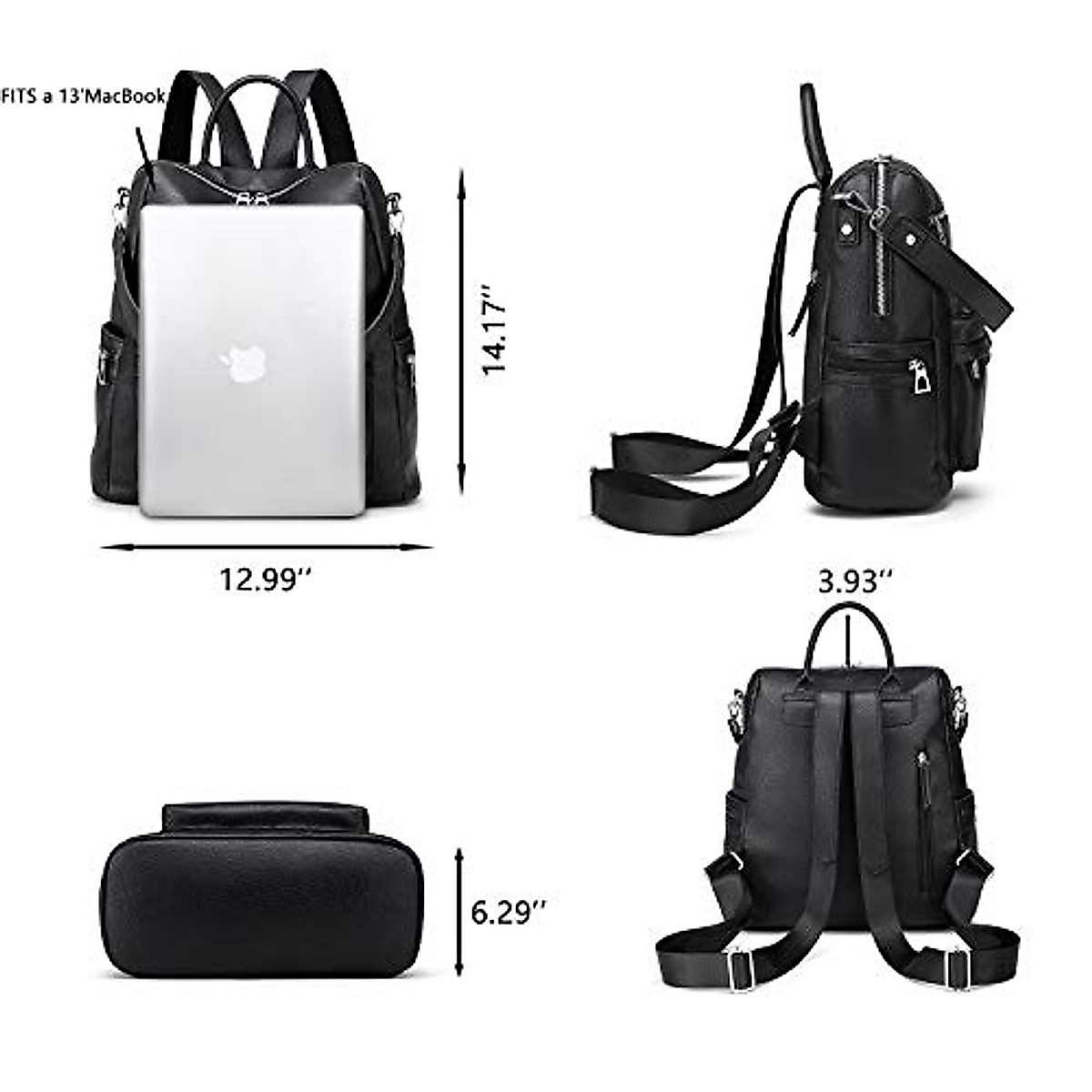 LING SHUIWEN LSW Backpack Purse for Women Fashion Convertible Satchel Handbags Large Capacity Travel Vintage PU Leather Bookbag Multipurpose Design Ladies Shoulder Bag (Black)