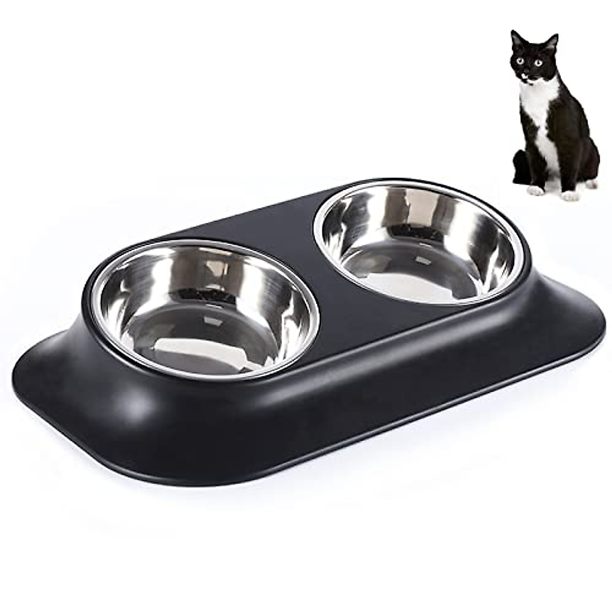 Raised Cat Bowl Pet Bowl,Stainless Steel Elevated Small Dog Bowls,15°Tilted Whisker Reliefs Fatigue Free Stress Anti Vomiting Cat Food Water Bowls,Non Slip Cat Feeding Bowls（Double Bowl）