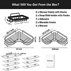 Corner Shower Caddy Shelf with Adhesive Hooks and Soap Dish,No Drilling RustProof Stainless Steel Shower Basket Shelves for Bathroom Storage Organizer