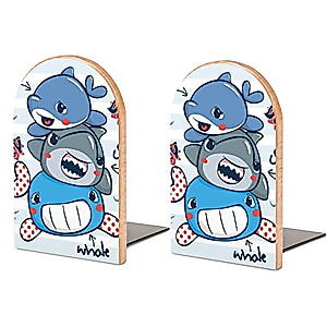 Cartoon Whale Shark Dolphin Striped Wood Book Ends for Shelves Non-Skid Bookend Book Stand Book Holder Stopper for Home Office School