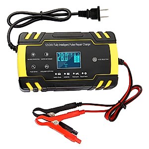 ODOMY 12V/24V Smart Battery Charger | Pulse Repair Charger with LCD Display | Intelligent Mode Overvoltage Protection Temperature Monitoring for Car, Truck, Motorcycle, Boat, SUV, ATV