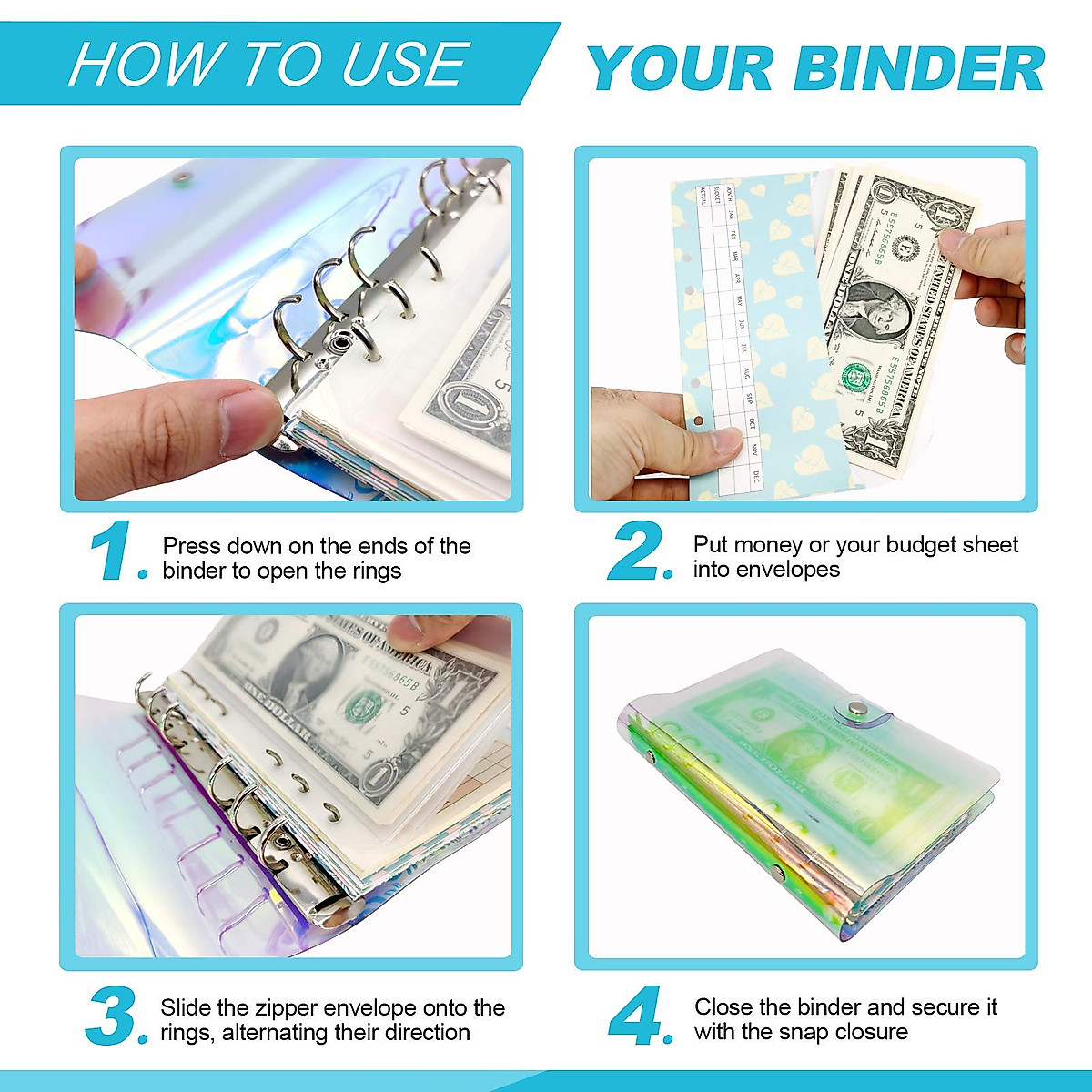 PVC Cash Envelopes Wallet Finances Organizer, 2023 Weekly & Monthly Personal Budget Planner, 6-Ring Binder Refillable Notebook Handbag with 12 Cash Envelopes & Budget Sheets Calendar