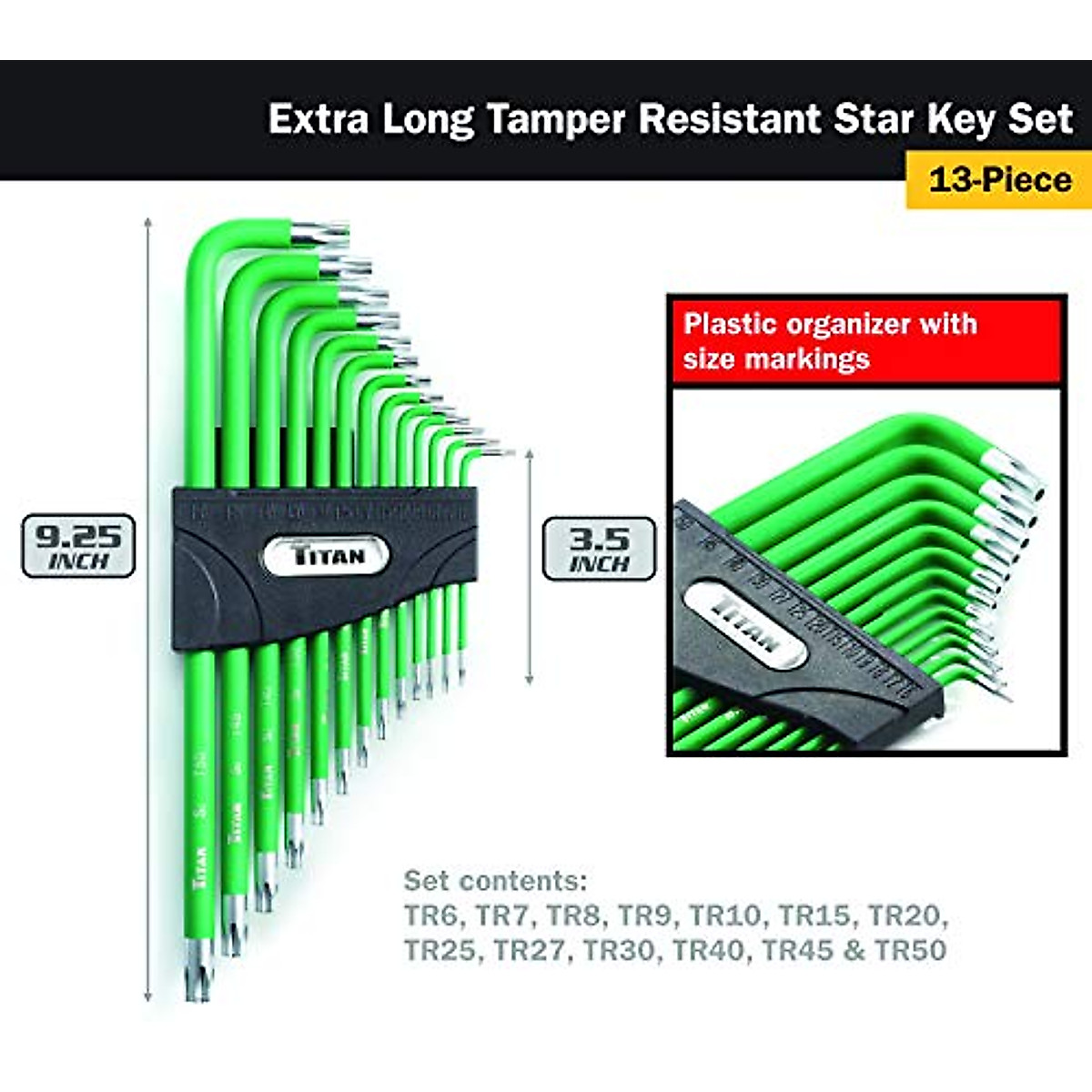 Titan 12715 Extra-Long Arm Tamper Resistant Star Key Set - 13 Piece , Green
