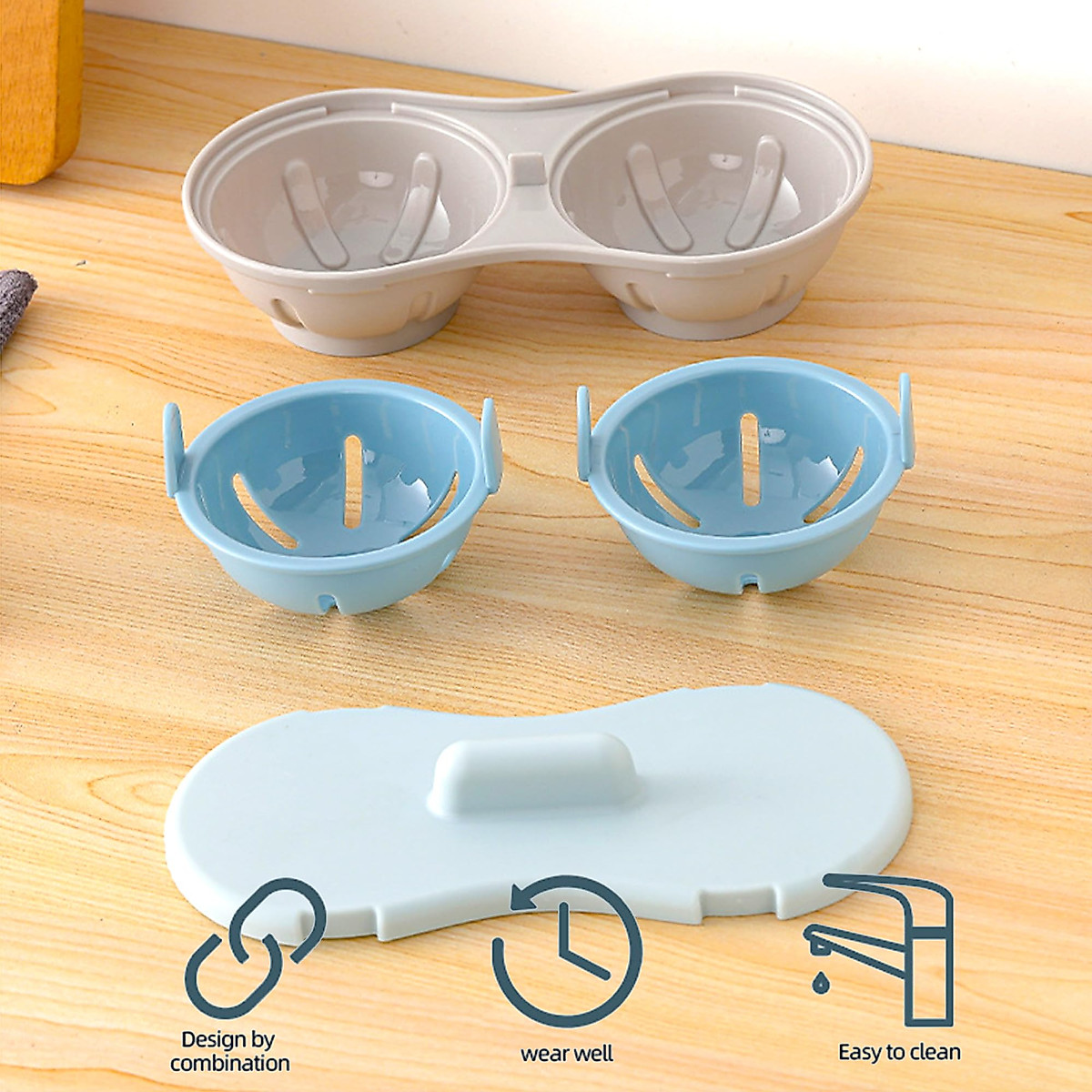 2 Cavity Microwave Egg Cooker, Breakfast Double Row Egg Cooker, Poached Egg Cup Kitchen Cooking Gadgets (Light Blue)