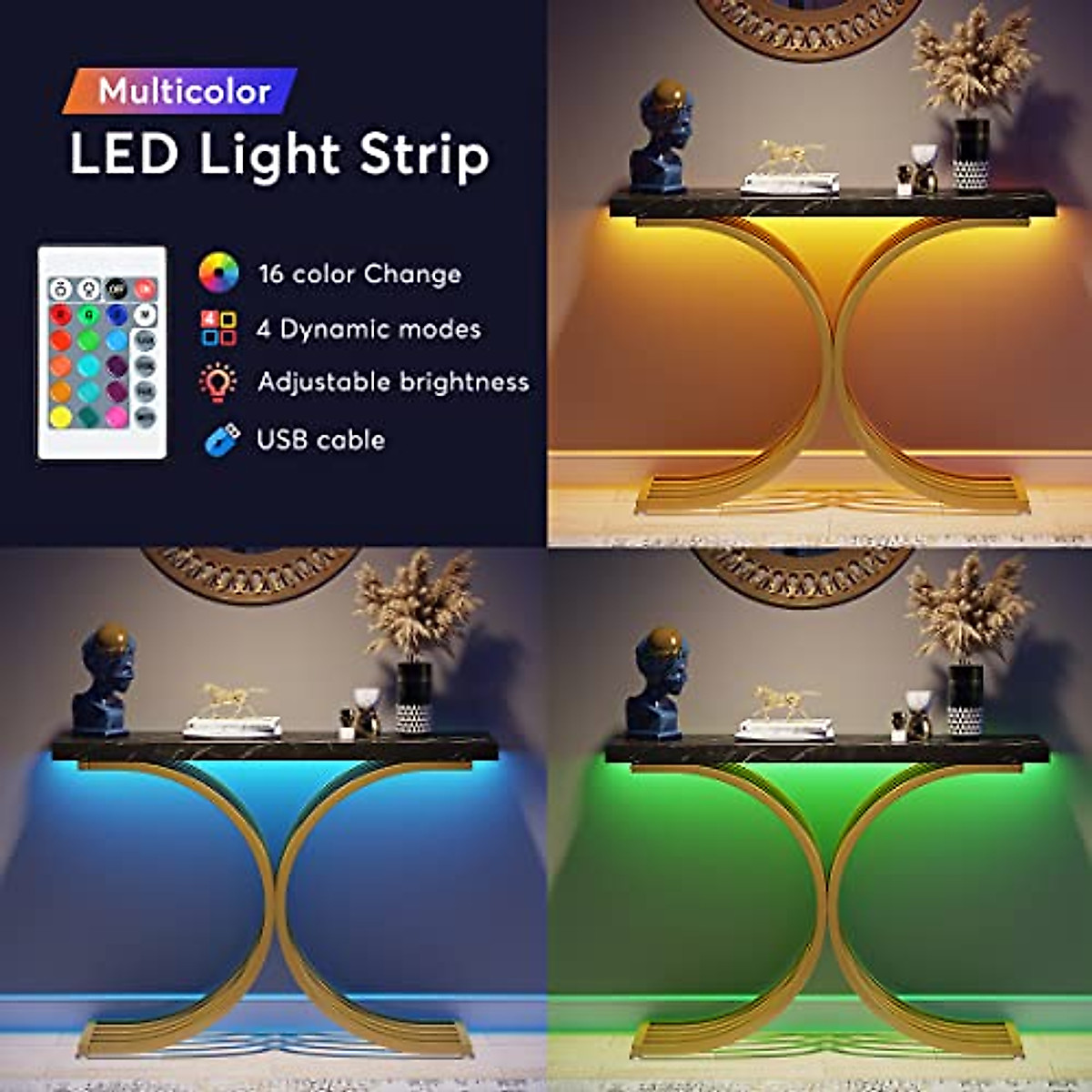 LITTLE TREE 41 inches Gold Entryway Console Table with Led Light, Sofa Table Accent Table for Entrance, Hallway, Living Room