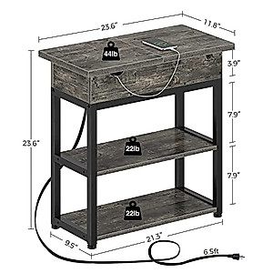 Rolanstar End Table with Charging Station, Narrow Nightstand, Flip Top Side Table with USB Ports and Storage Shelves for Small Spaces, Living Room, Bedroom, Grey