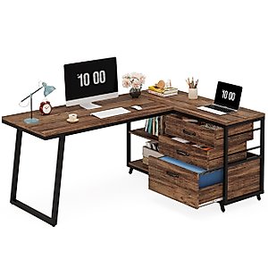 LITTLE TREE Reversible 53-inch L Shaped Desk with 3 Drawer, Farmhouse Corner Desk Gaming Table with Shelves and File Cabinet for Letter Size & Legal Size File for Home Office and Small Space, Brown