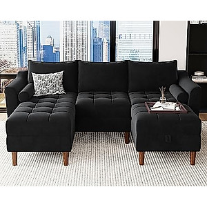Belffin Black Velvet Fabric U Shaped Sectional Couch with Chaise Small Reversible Sectional Sofa Couch 4-Seater Sectional Sofa Sleeper with Storage Ottoman Foot Rest for Apartment