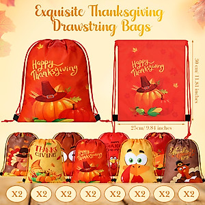 Paterr 16 Pcs Fall Favor Bags Bulk Thanksgiving Drawstring Bags Maple Leaf Carnival Candy Bags Pumpkin Gift Bags Autumn Goodie Treat Bags for Classroom Harvest Fall Birthday Party Decor,10 x 12 Inch