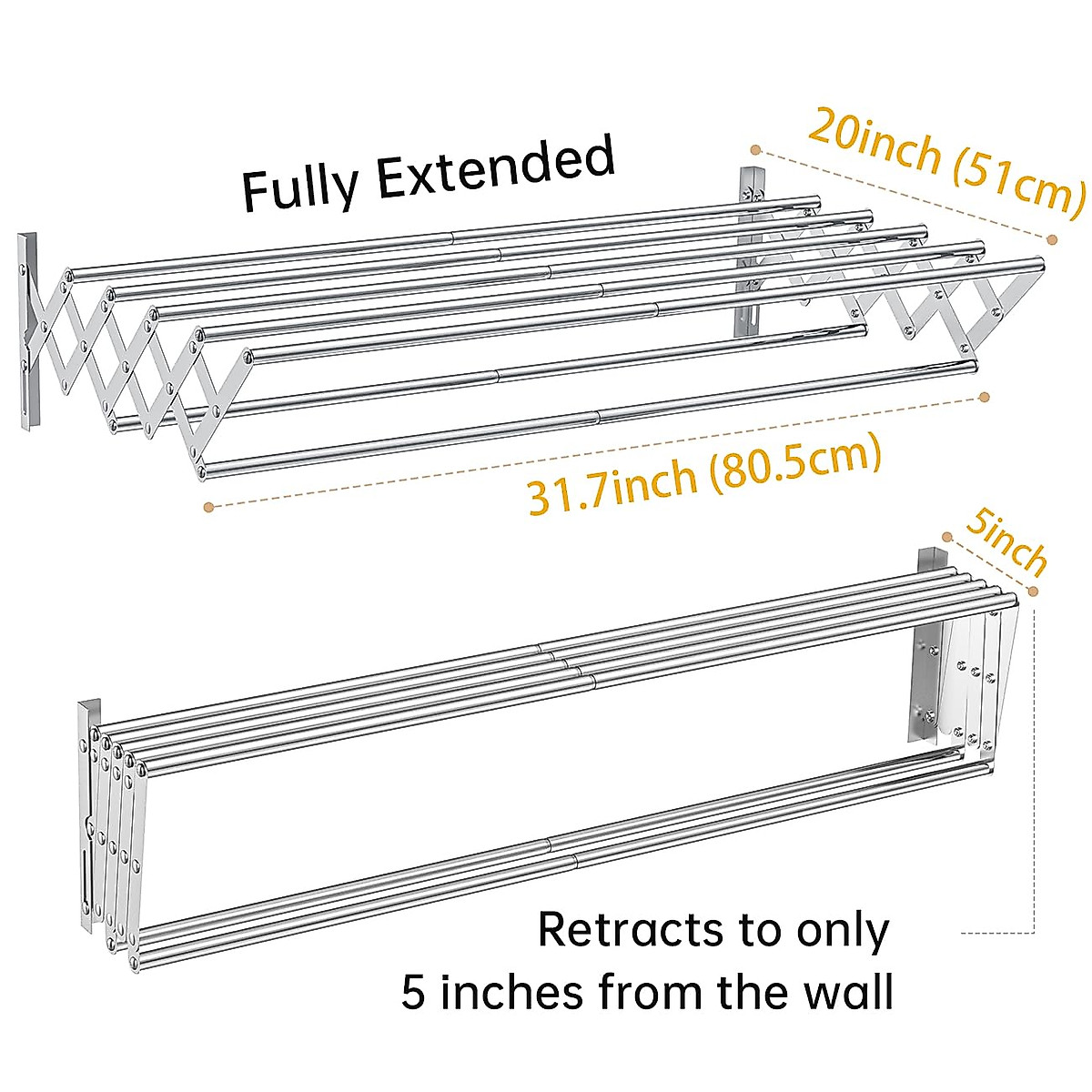 MrToNo Wall Mounted Clothes Drying Rack, Rustproof Accordion Retractable Drying Rack for Laundry Room/Bathroom Tower，Easy to Install with 7 Drying 31.5-inch Rods, 80 lbs Large Capacity