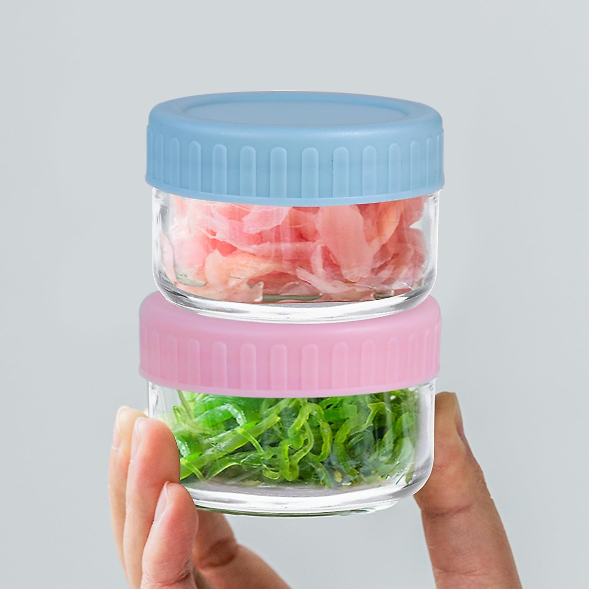 FEOOWV 6pcs Salad Dressing container, Glass Small condiment with Lids-DippingSauce Cups Set-Leakproof Reusable with Lid Small Jars Lunch Box Accessories (2.7oz/80ml)