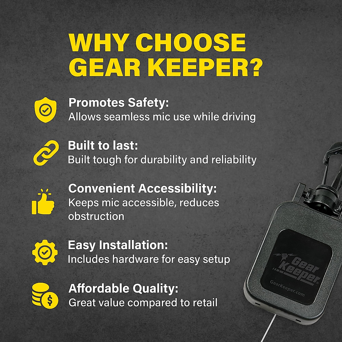 Gear Keeper CB MIC KEEPER Retractable Microphone Holder RT4-4112 – Features Heavy-Duty Snap Clip Mount, Adjustable Mic Lanyard and Hardware Mounting Kit - Made in USA – Black