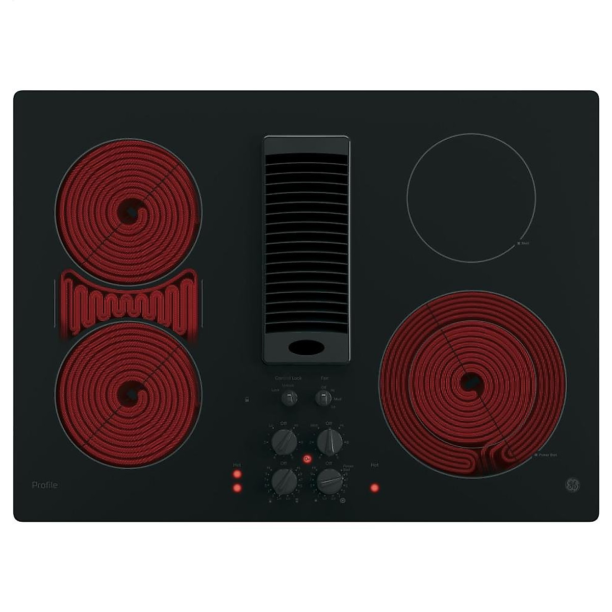 GE PP9830DJBB Profile Series Electric Cooktop with 4 Burners and 3-Speed Downdraft Exhaust System, 30", Black