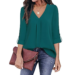 Youtalia Long Sleeve Tops for Women, Ladies Business Casual Shirts Loose Cute V Neck Chiffon Blouses Solid Color Pleated Flowy Tunic Shirts for Party (X-Large, Dark Cyan)