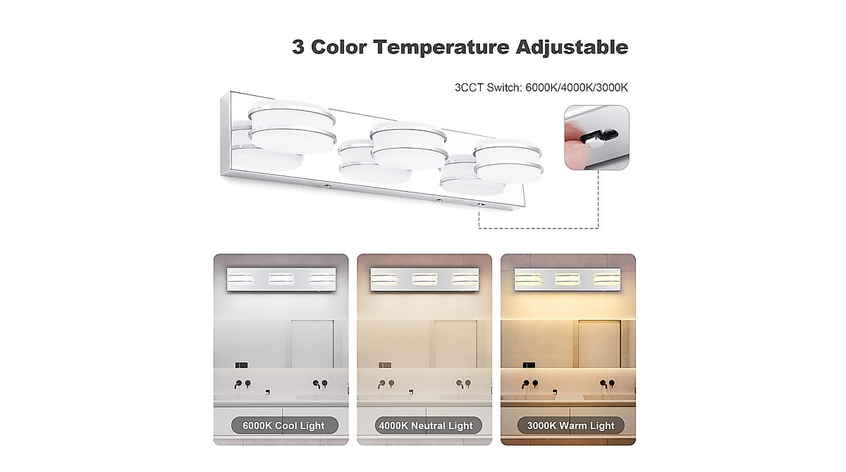 Adjustable LED Bathroom Light Fixtures - 3 Color Temperatures