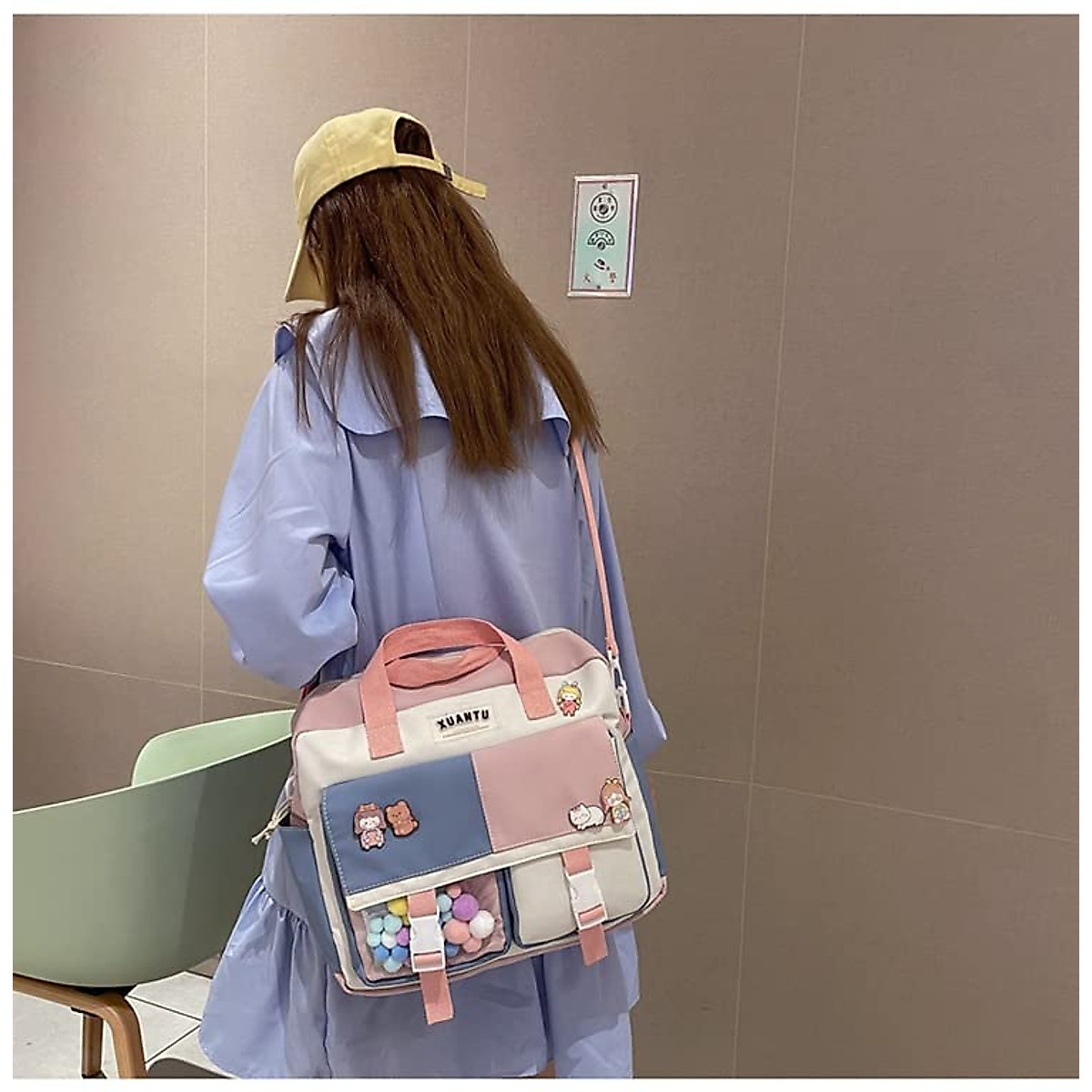 Kawaii Backpack with Pom Pom, Japanese Cute Tote Bag Aesthetic Crossbody Shoulder Bag Messenger Bag School Handbag (Pink)