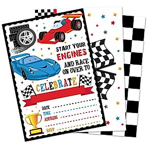 WERNNSAI 20 Count Racing Car Party Invitation with Envelopes - Race Car Party Supplies for Boys Birthday Baby Shower Graduation Fill-in Style Racing Invite Cards