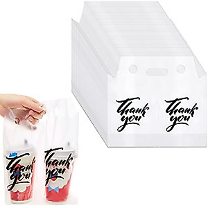 Handle Drinking Poly Bags Thank You Clear Plastic Packaging Bags, Drink Carrier with Handle Cup Carriers for Drinks Take out Beverage Coffee Juice Mike Tea, Hold 2 Cups (1000)