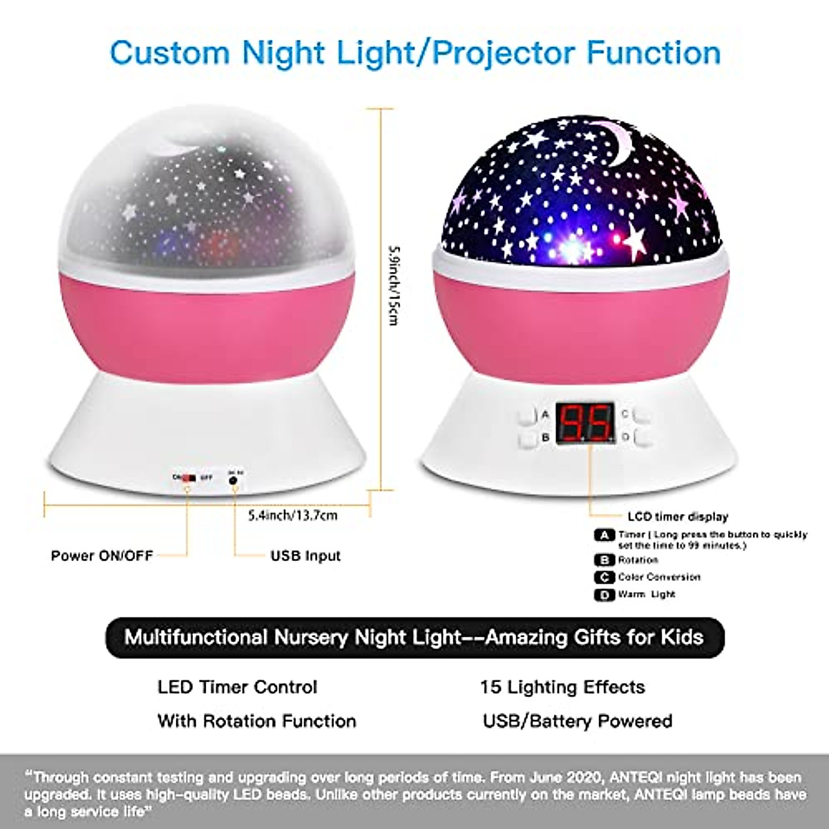 Star Projector Night Lights for Kids, ANTEQI Kids night Light With Timer Rotation for Ceiling for Adult Teen Girls Room Decor