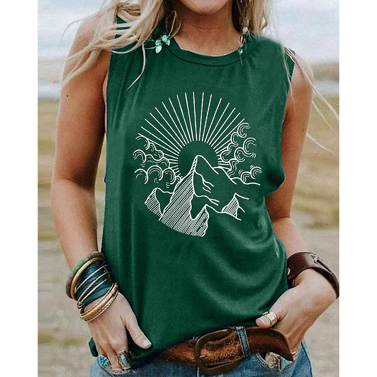 Mountain Sunrise Tank Tops Women Hiking Mountain Sleeveless T Shirt Tees Camping Vest Muscle Shirt Green