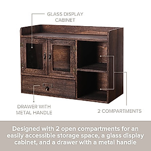 Wooden Box Kitchen Drawer Organizer for Coffee Station or Kitchen Counter - Console Table Caddy w Glass Door Cabinet & Drawer - Wood Countertop Organization and Storage for Tea & Coffee Accessories - Coffee Pod Holder - Utensil Holder