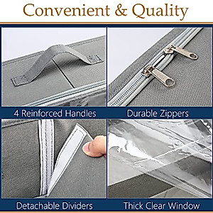 LotFancy Under Bed Storage Containers, Detachable Dividers, 2 Pack, Closet Underbed Clothes Blanket Organizer, 39.3x16.5x6 in, with 4 Handles and Large Clear Window, Sturdy, Large, Gray