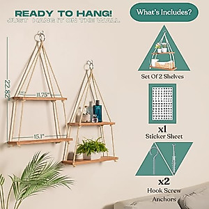 Hanging Shelves for Wall, Hanging Plant Shelf, Wooden Boho Shelves for Fall Bedroom Decor, Floating Rope Shelves Boho Wall Hanging Decor Living Room Wall Shelfs, Small Hanging Wall Shelves Bathroom
