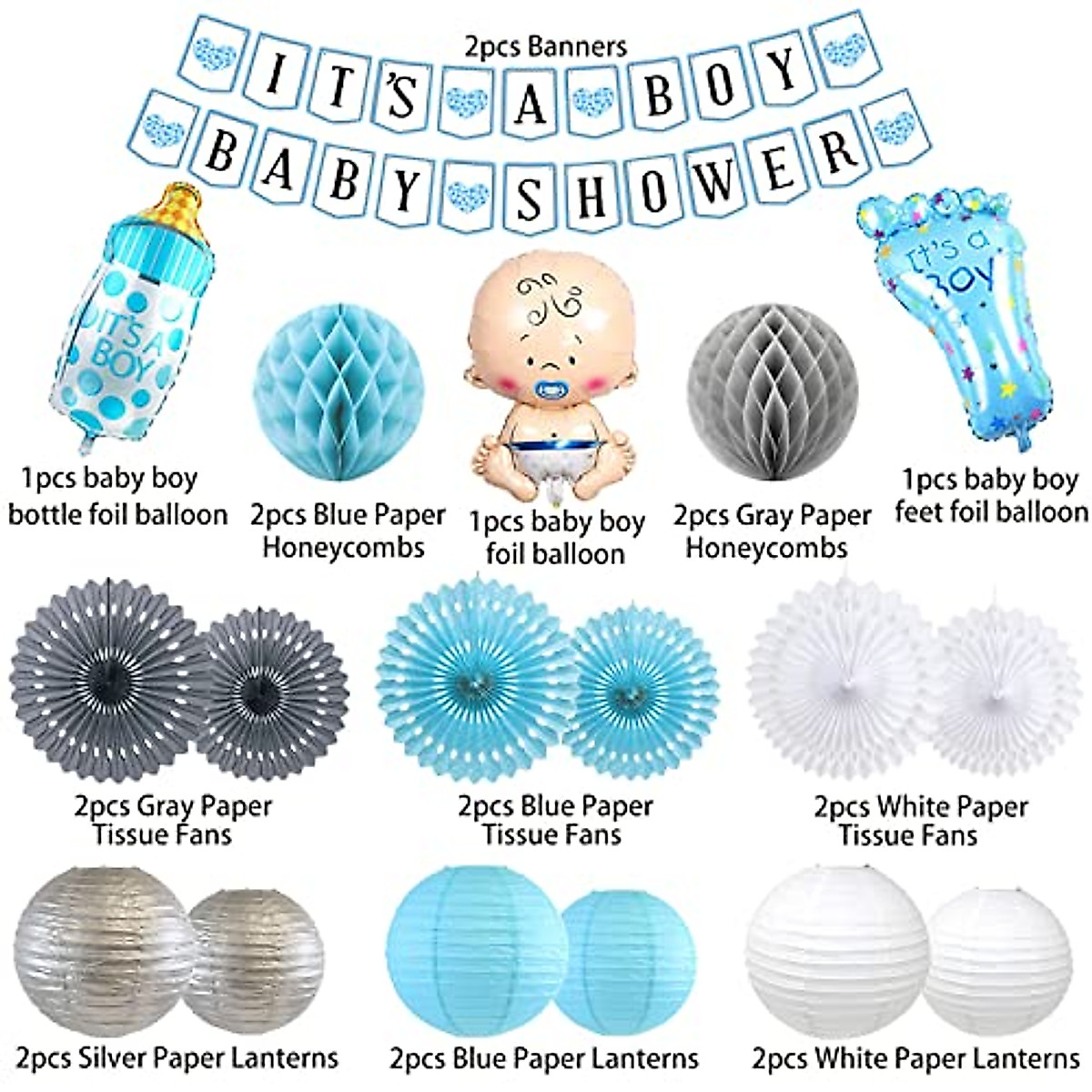 Baby Shower Decorations for Boy kit - Boy Baby Shower Banner,Foil balloons,Cake Toppers, Sash, Balloons, Paper Lanterns, Honeycombs, Tissue Paper Fans, Tassels,Blue Grey White