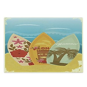 Ambesonne Tiki Bar Cutting Board, Hawaiian Beach Surfboards on the Sand Exotic Summer Vacation Sport Vintage Style, Decorative Tempered Glass Cutting and Serving Board, Large Size, Multicolor