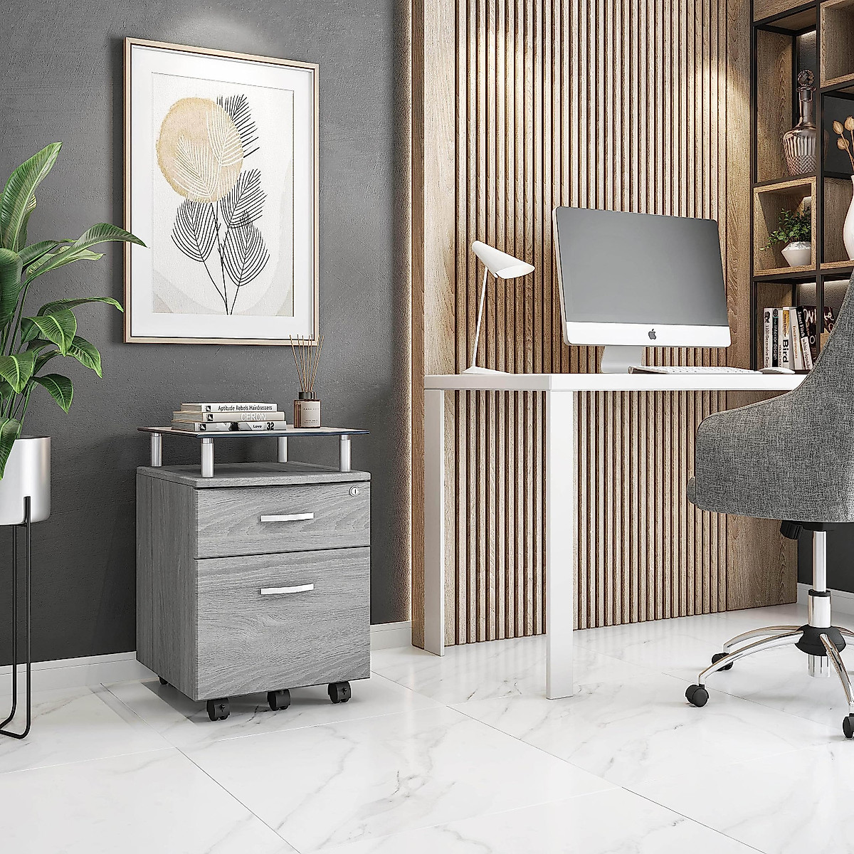 Techni Mobili Rolling Glass Top File Cabinet, Regular, Gray