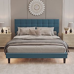 Yone jx je Queen Bed Frame with Lights,Upholstered Platform Bed Frame,Upholstered Queen Size Bed Frame,Mattress Foundation,Box Spring Needed,Easy Assembly (Blue)