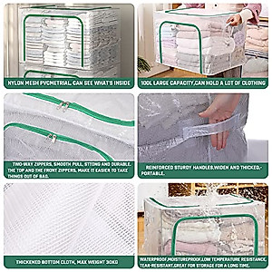 GARPROVM Large & Clear Clothes Storage Bags Totes Organizer, 3-Pack Blanket Comforter Clothing Storage Bags for Organizing Bedroom, Closet with Lid, Front Opening, Zipper and Handles Waterproof 100L