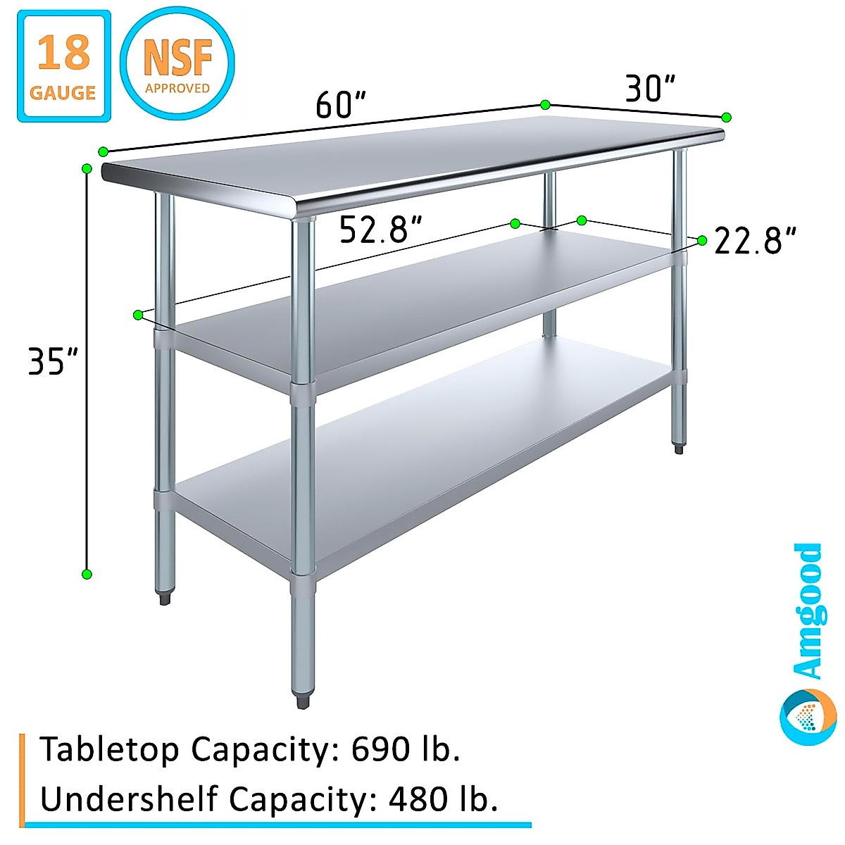 60" Long X 30" Deep Stainless Steel Work Table with 2 Shelves | Metal Food Prep Station | Commercial & Residential NSF Utility Table