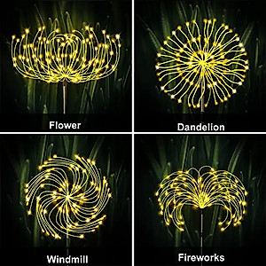 Solar Garden Lights, 4 Pack Solar Fireworks Lights Outdoor Waterproof Decorative Sparkles Pathway Light, 8 Lighting Modes Stake Lights with Remote for Garden Yard Flowerbed Pathway Parties (Warm)