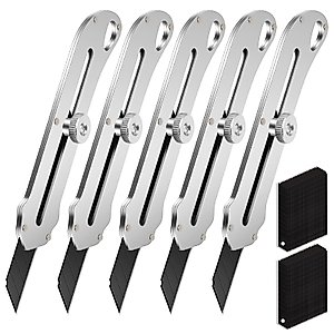 wapstibck 5 PACK Utility Knife Set, Stainless Steel Heavy Duty Multifunctional Retractable Box Cutter with 50 PCS SK5 Blades for Cardboard Packages Boxes Paper