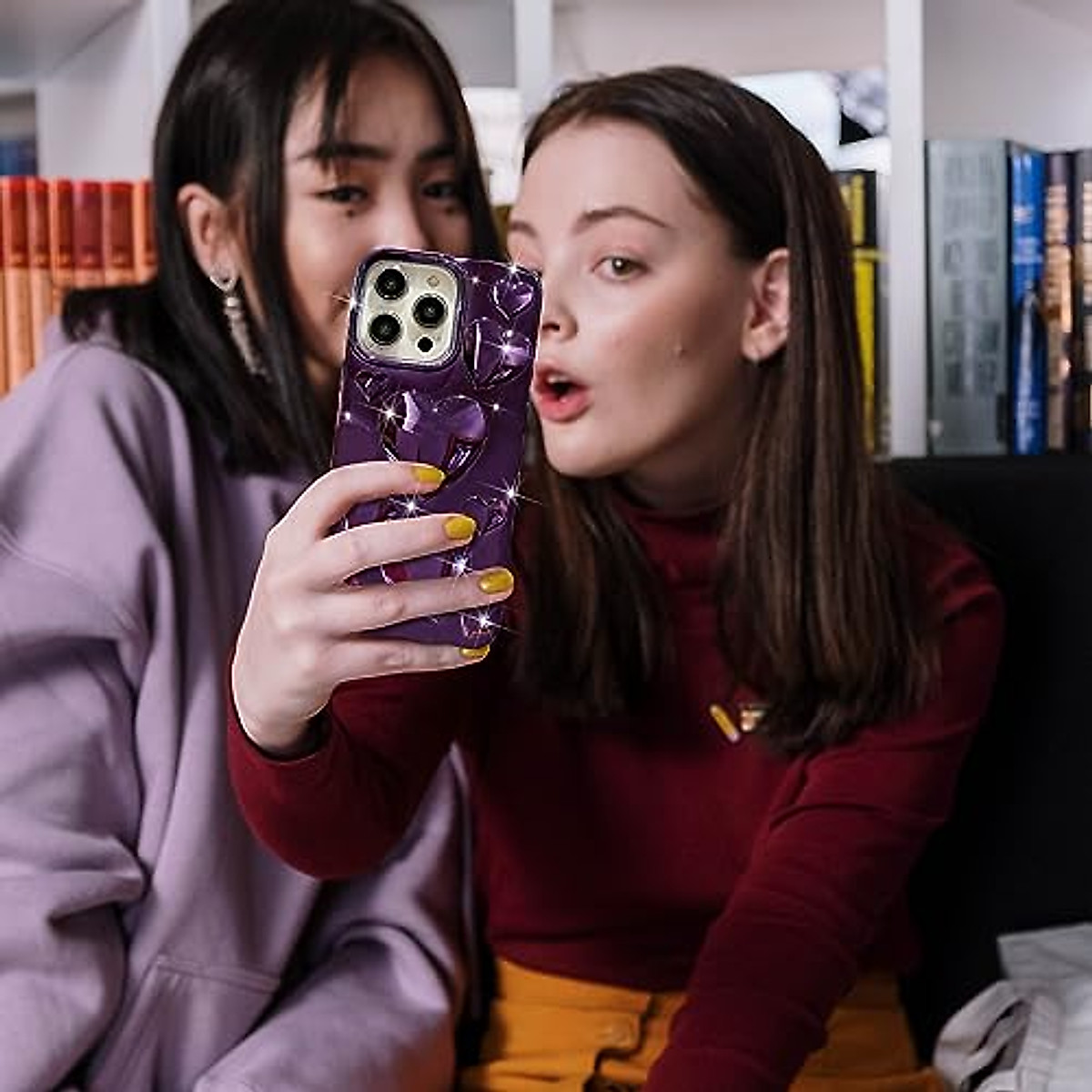 MGQILING iPhone 14 Pro Max Case, Plating Bling 3D Love Heart Case, Cute Love Hearts Sparkle Phone Case for Women Girls, Soft TPU Full Camera Shockproof Protective Clear Case - Purple