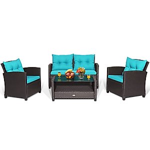 Tangkula 4-Piece Patio Furniture Set, Rattan Wicker Chair Set with 1 Loveseat, 2 Single Sofas, 1 Coffee Table with Tempered Glass Top, Outdoor Furniture Sets for Backyard, Porch, Garden and Poolside