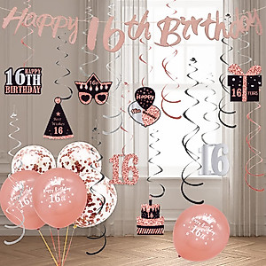 WOJOGO Sweet 16 Party Decorations Rose Gold 16th Birthday Decorations for Girls Pre-strung Happy 16th Birthday Party Banner Hanging Swirls Birthday Cake Topper Balloons