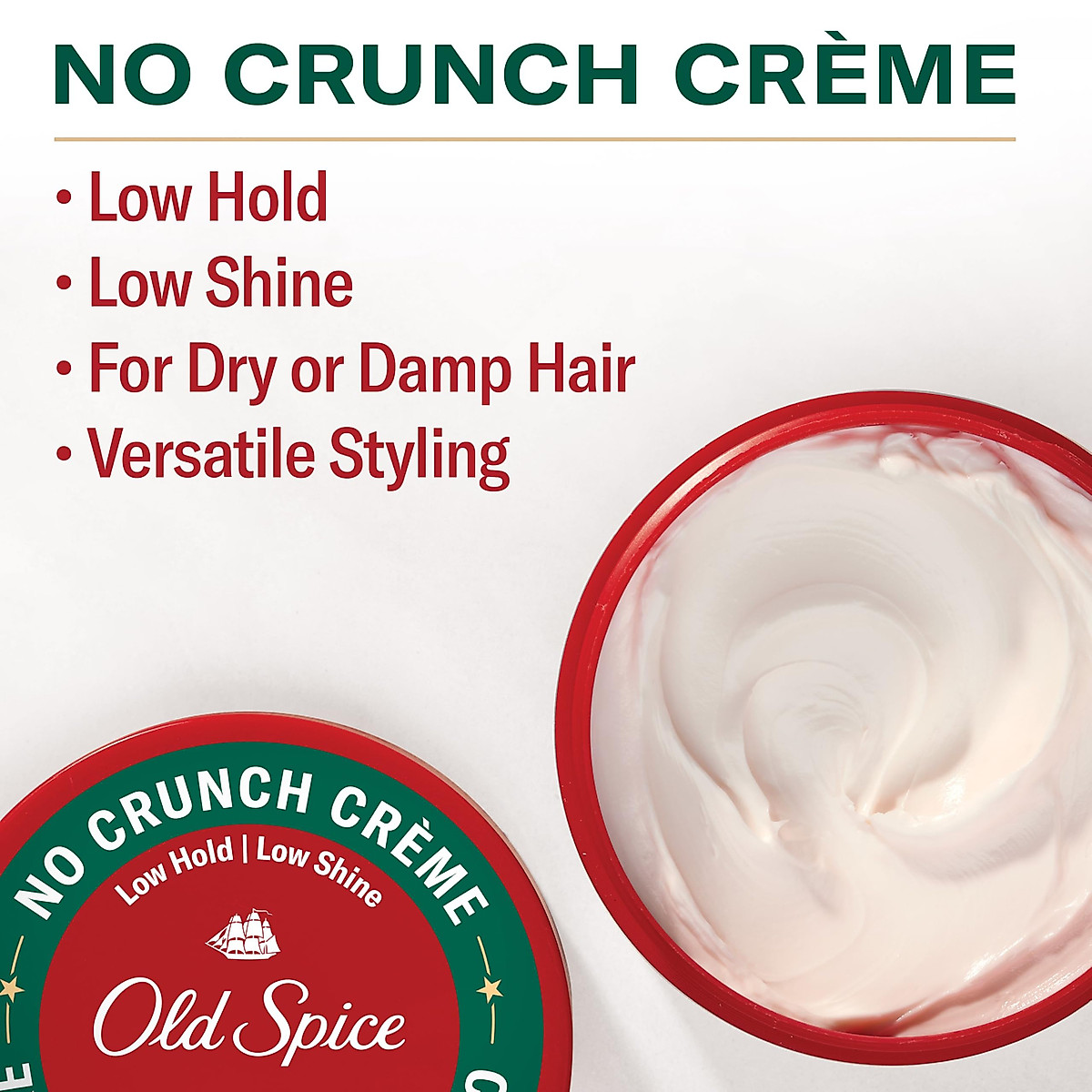 Old Spice No Crunch Crème, Hair Styling Crème for Men, Low Hold with Low Shine, 2.22 oz