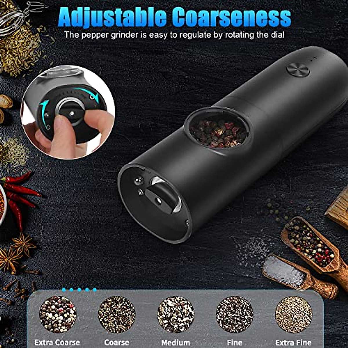 Electric Salt and Pepper Grinder Set, aKosco USB Rechargeable with LED Light, One Hand Operation Pepper Grinder, Adjustable Coarseness, Kitchen Gadgets Refillable Base, 2 Pack
