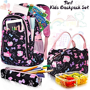 Bergmoer Backpack for Girls Boys with Lunch Box, 15.4 Inch Lightweight Backpack for School, Elementary School Bags, 3 in 1 Bookbag Set Waterproof Backpacks Camping Childrens Backpack