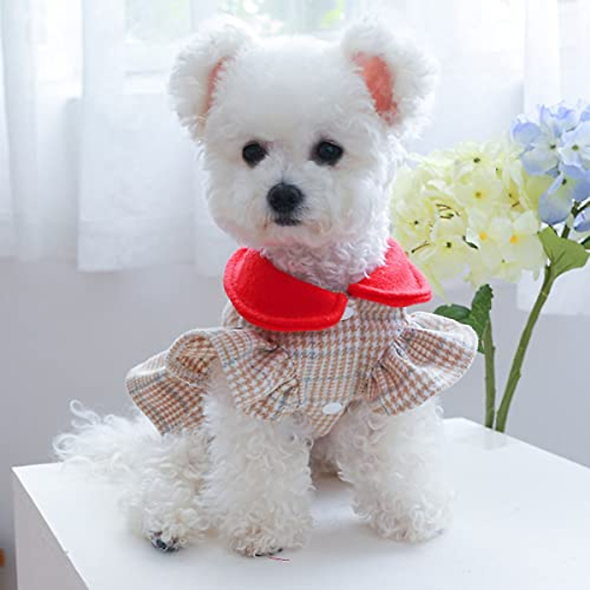 Loyalfurry Winter Dog Shirt Dress with Cute Red Doll Collar, Elegant Warm Dog Sweater Dresses with D Ring, Plaid Puppy Pet Clothes for Small Breeds (Medium, Light Brown)