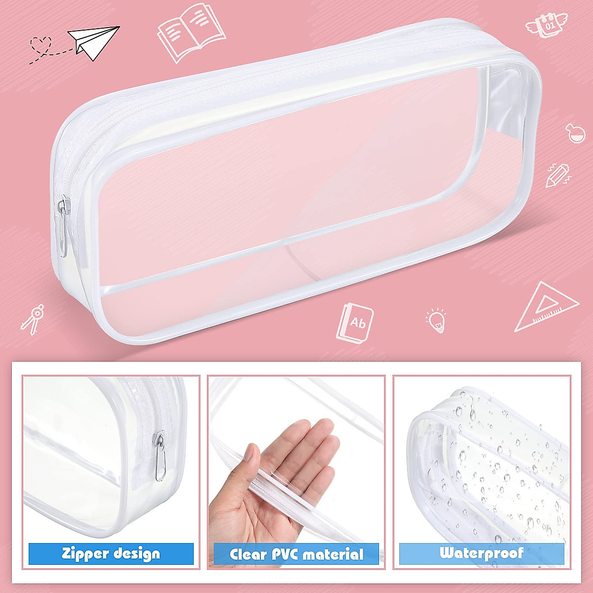 Sepamoon 30 Pcs Cosmetic Pouch Bag with Zipper Transparent Waterproof PVC Pencil Case Clear Makeup Bags Makeup Brush Case Large Capacity Pencil Bag for Office Stationery and Travel Storage (White)