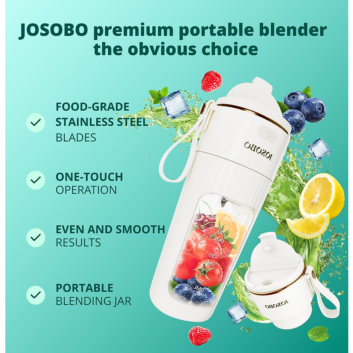JOSOBO Portable Blender for Shakes and Smoothies, USB Rechargeable Personal Mini Travel Blender with Straw, Wireless Operation, Small Blender for Smoothies, Sauces, Juices, Protein Powder, Puree