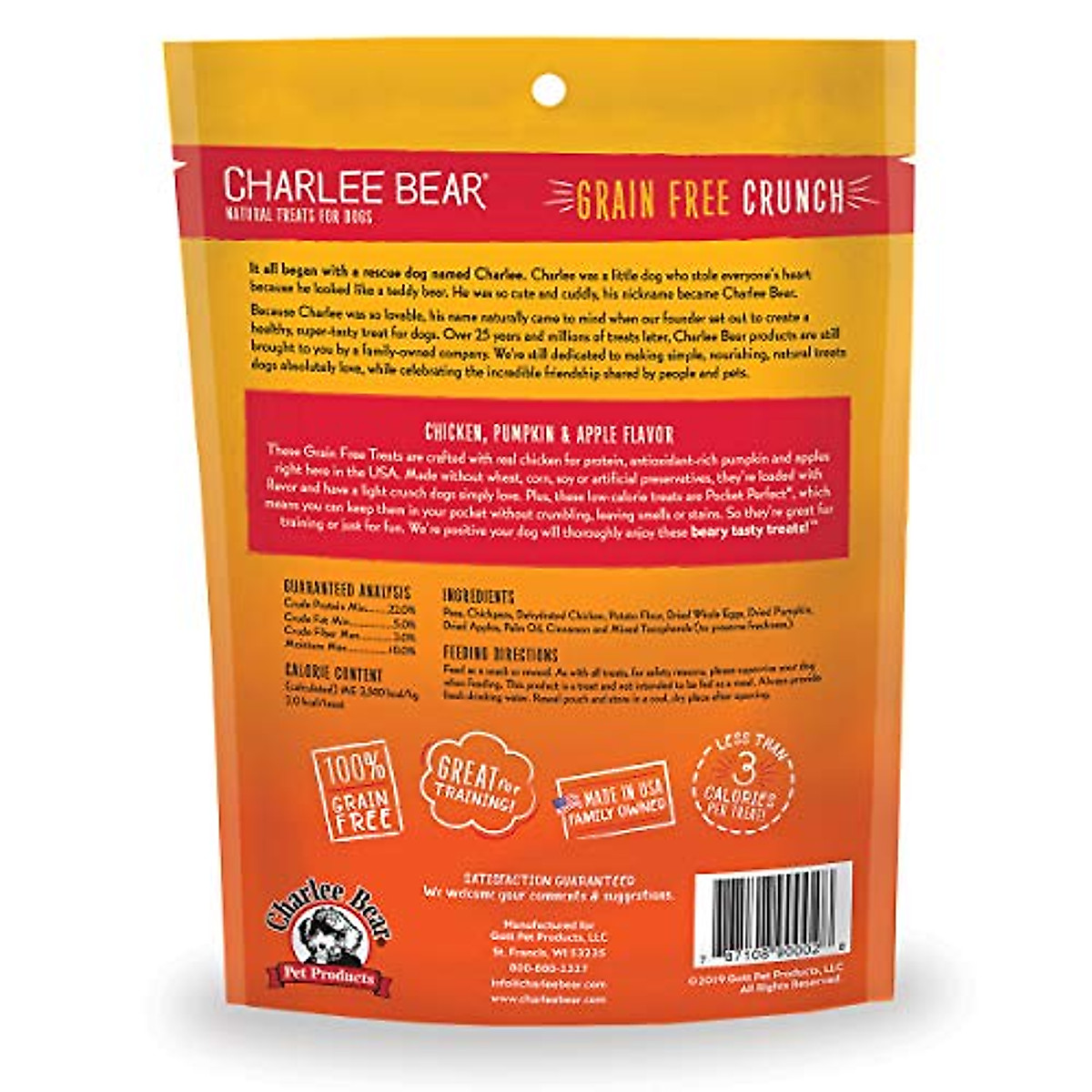 Charlee Bear Crunch Chicken, Pumpkin & Apple Flavor Dog Treat and Snack (3 Pack) 8 oz Each